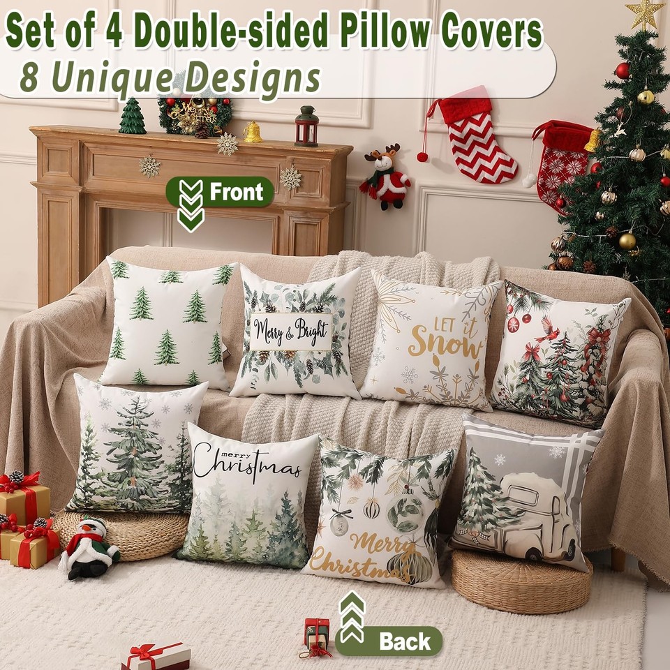 Double-Sided Print Christmas Pillow Covers 18"x18" Set of 4, 8 Cute ...