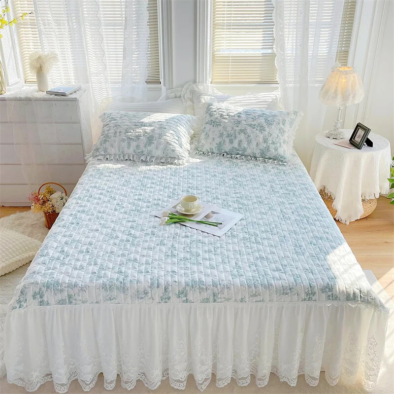 100%Cotton Elegant White Lace Ruffles Quilted Floral Pattern Bed Skirt ...