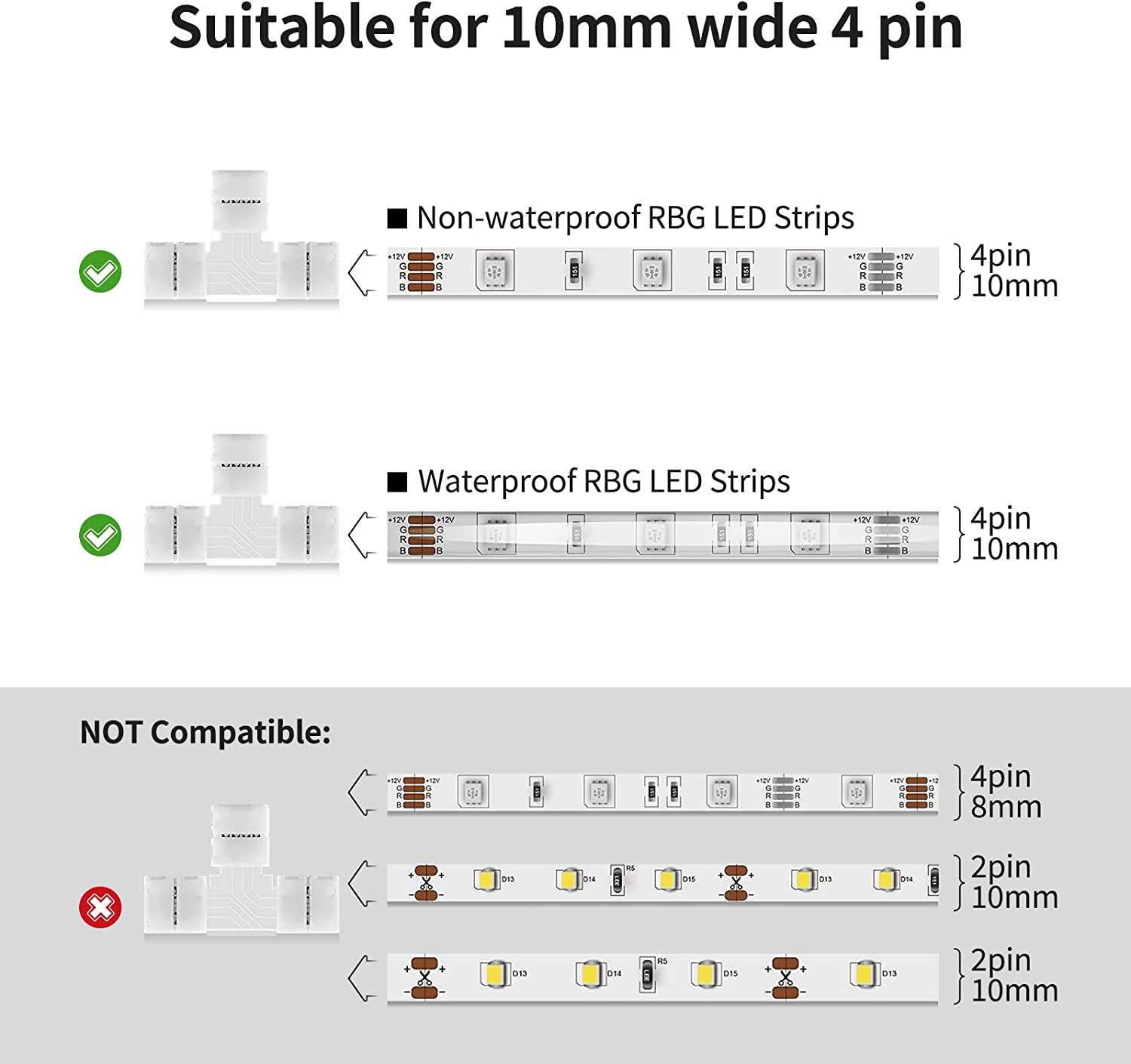 T Shape 4-Pin LED Connectors 10-Pack 10Mm Wide Unwired Solderless ...