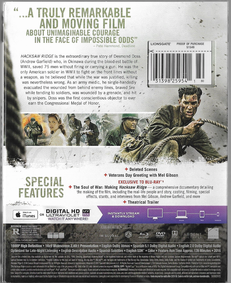Hacksaw Ridge (Blu-ray, 2016) NEW! 31398259541| eBay