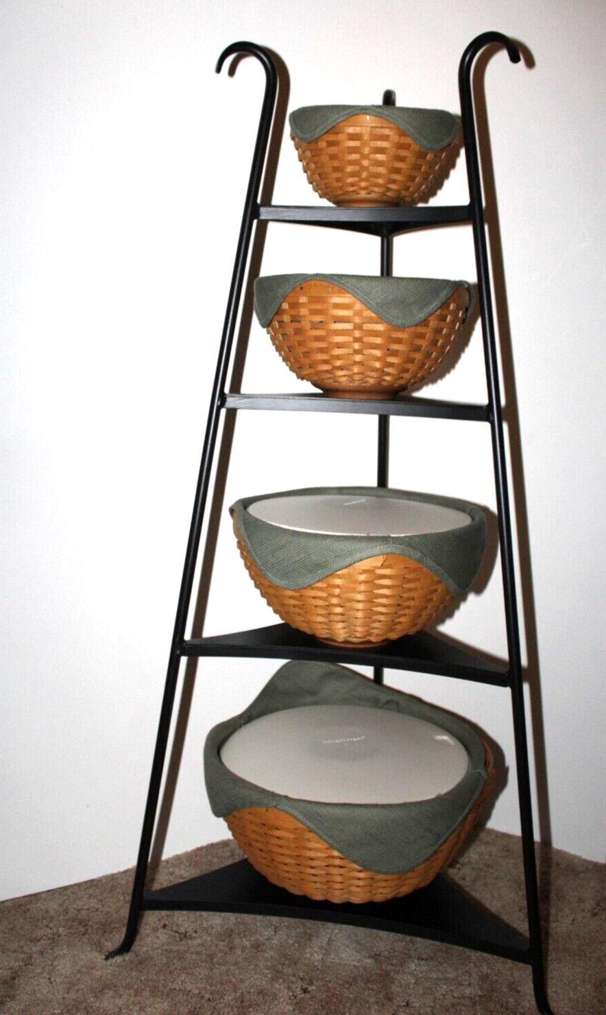 Longaberger Hostess Nesting Bowl Baskets Sage Liner Wrought Iron Stand ...