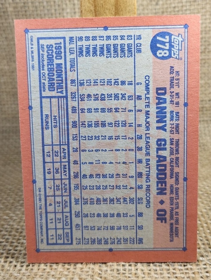 1991 Topps Danny Gladden Baseball Card #778 Twins FREE S&H | eBay