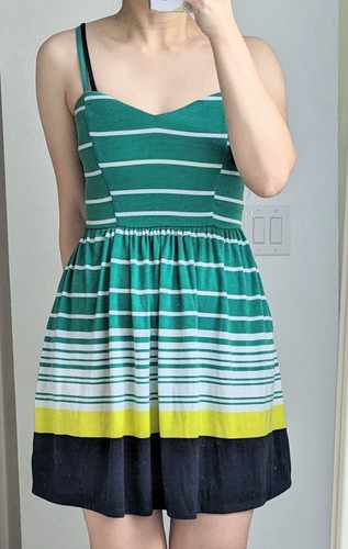 Green White Navy Yellow Stripes Short A Line Fit & Flare Dress w ...