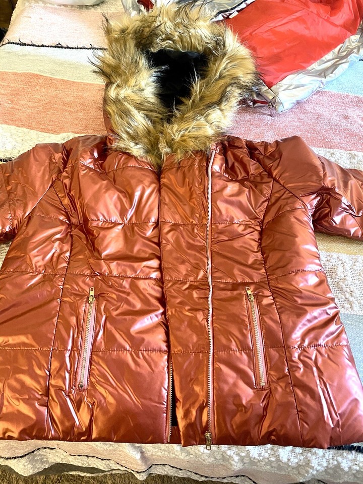 Fashion Women’s Shiny Copper Puffer Coat With Faux Fur Hoodie Brand New ...