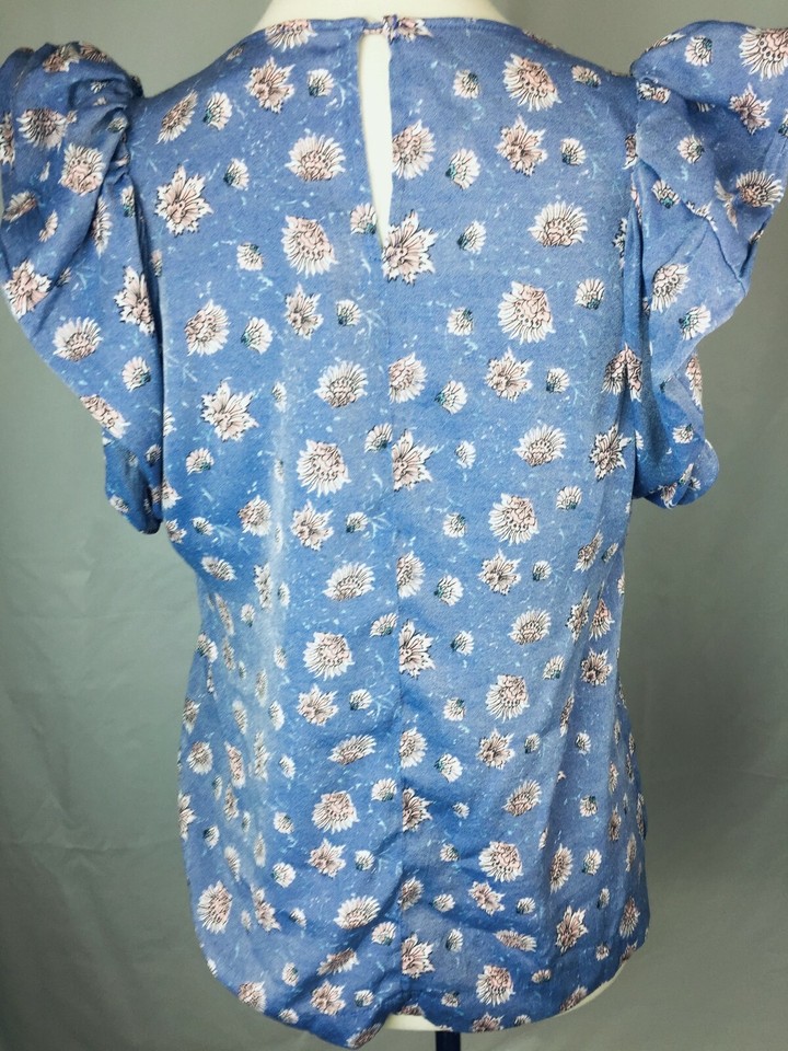 H & M Blue Pink Floral Blouse Shirt Tank Top W/ Ruched Poofy Cap ...