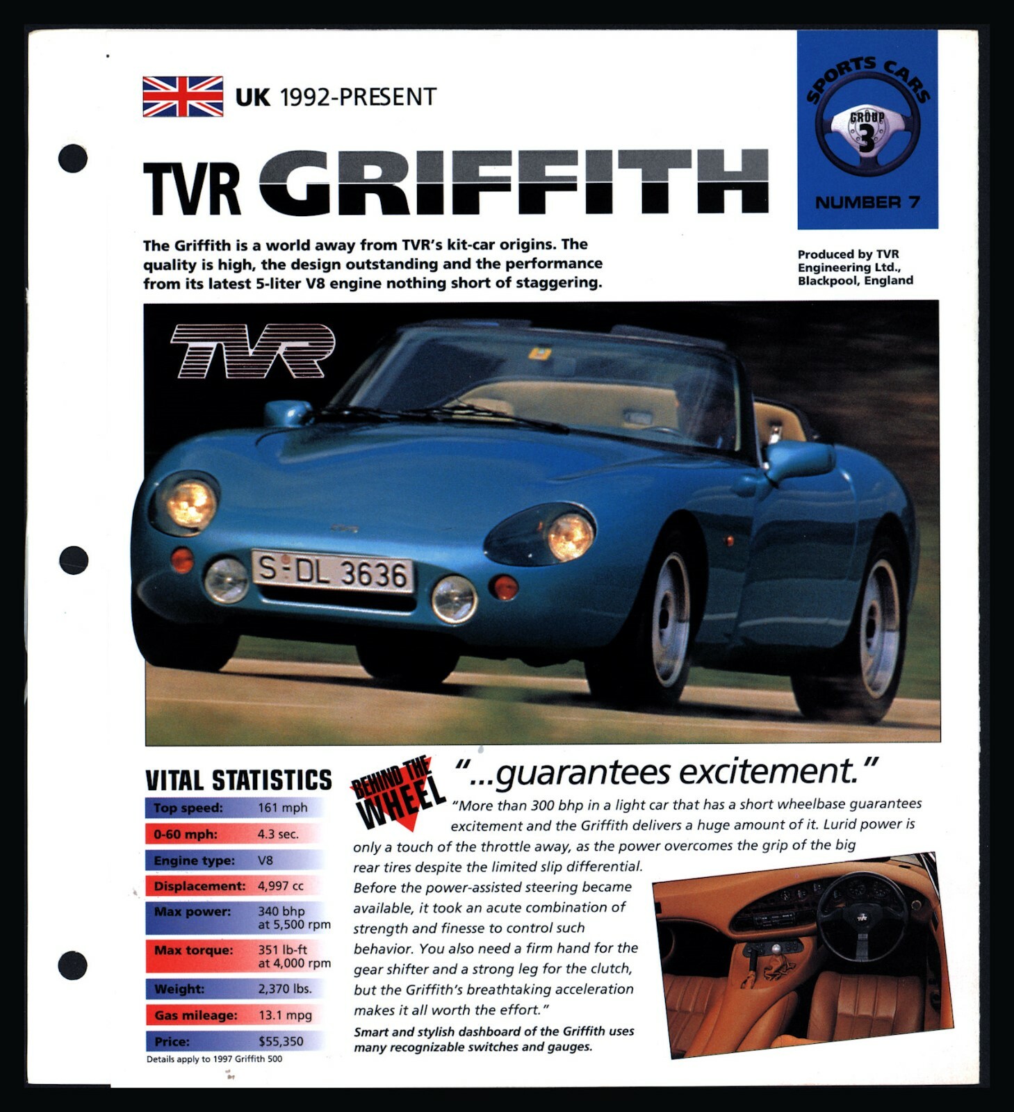 TVR Griffith (UK 1992-Present) Spec Sheet 1998 HOT CARS Sports Cars #3. ...