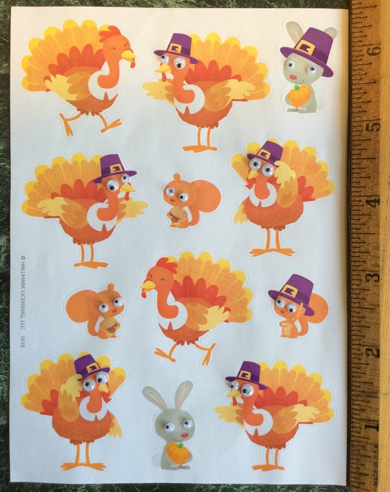 HALLMARK Thanksgiving Sticker Sheet TURKEY Googly Google Eye Pilgrim ...