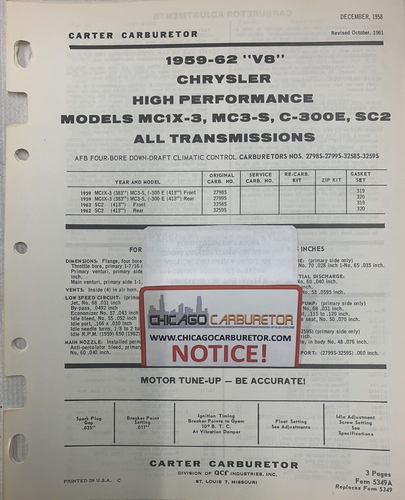 1962 CHRYSLER 300/SC2 CARTER AFB 3258S 3259S DUAL QUAD DATA SPEC SHEET ...