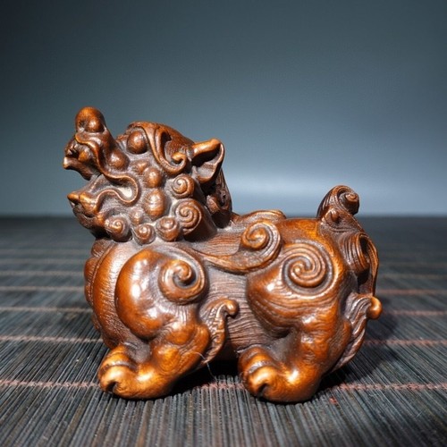 2pcs Old Artifacts Exquisite Boxwood Carving Pixiu Statue Art Ornaments ...