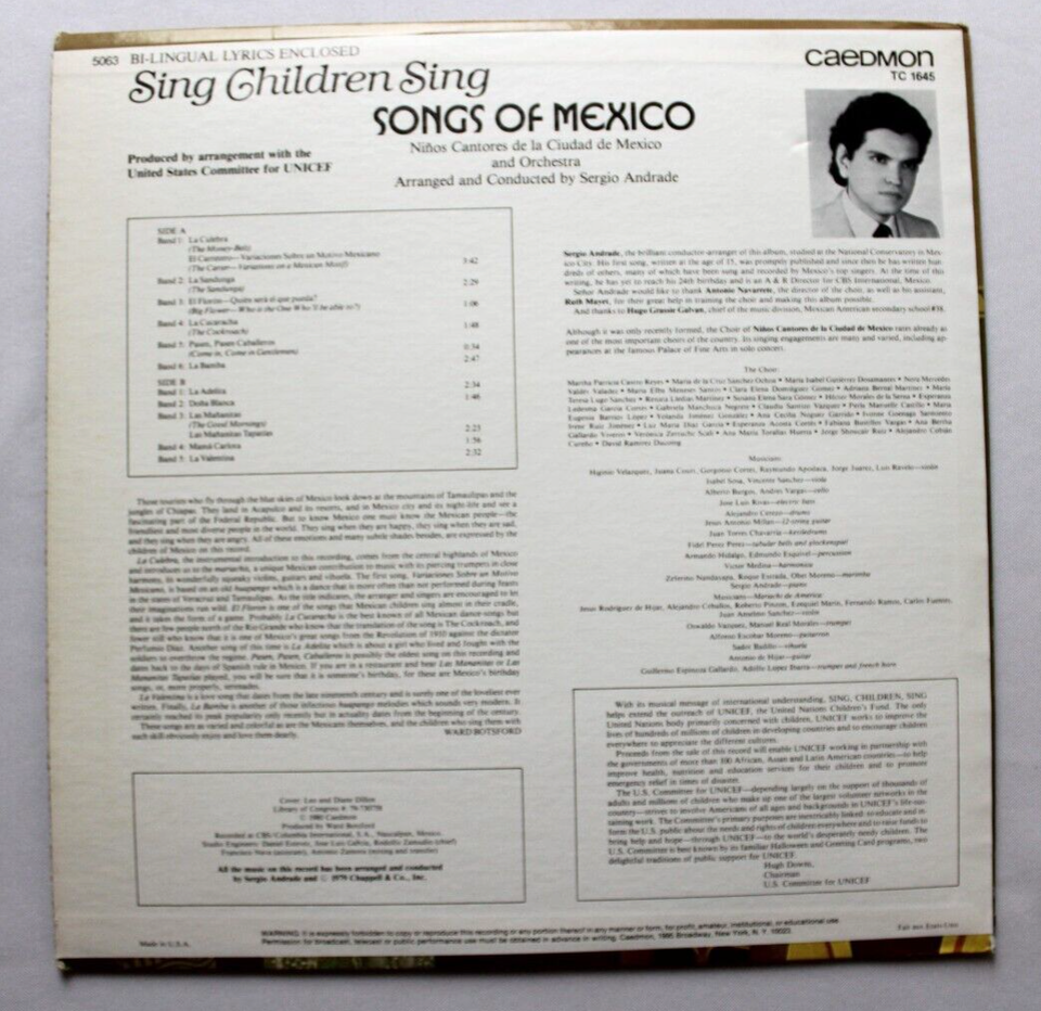 SERGIO ANDRADE SING CHILDREN SING SONGS OF MEXICO LP 12" VINYL RECORD ...