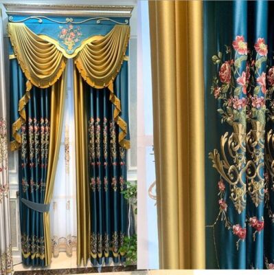 Custom High-end villa embroidery blue cloth curtain tulle valance drape ...