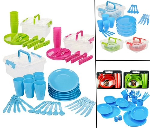 Large Plastic Picnic Camping Party Dinner Plate Mug Cutlery Set Storage ...