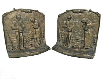Pair The Angelus Cast Metal Bookends Peasant Couple Praying over ...
