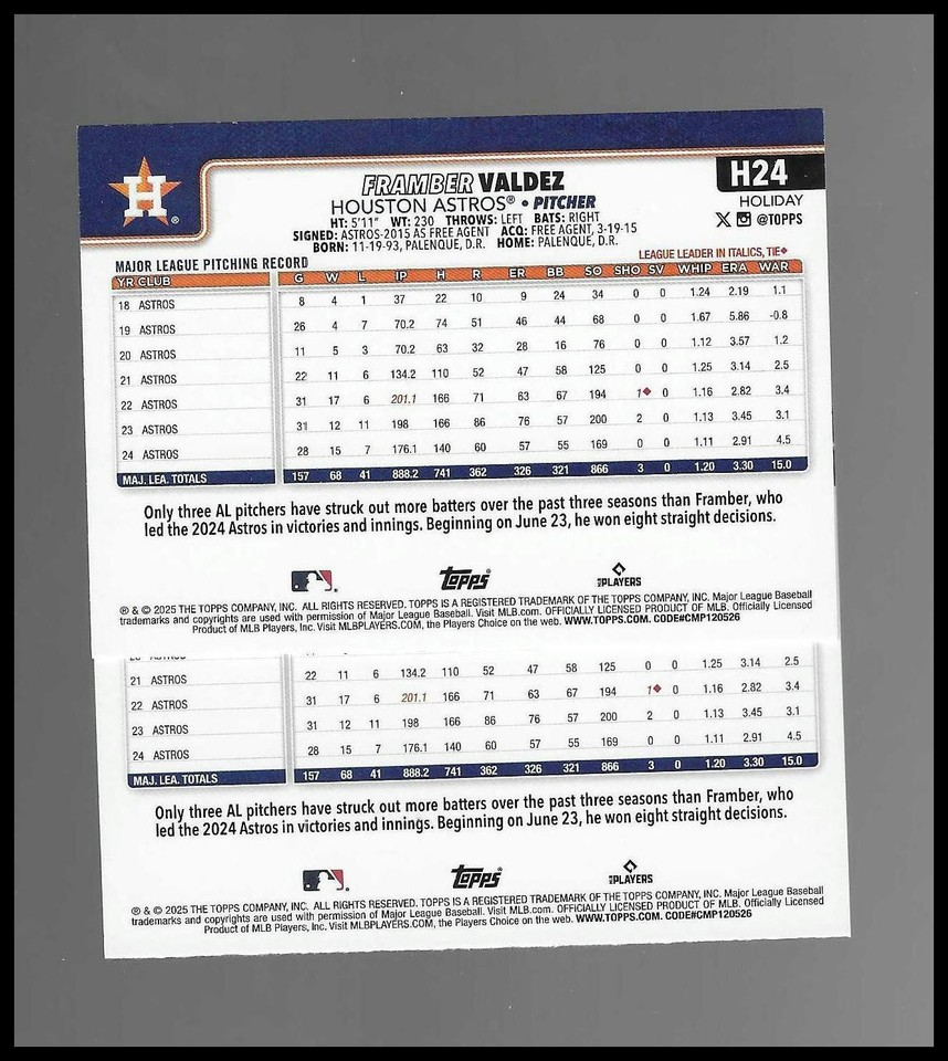 2025 Topps Holiday Framber Valdez #H24 Holiday Lot of 2 cards Houston ...