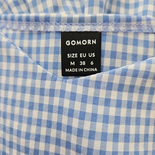 Gomorn Lite Blue,Wht Gingham Top Cinched Waist Ruffled Short Puff Slvs ...
