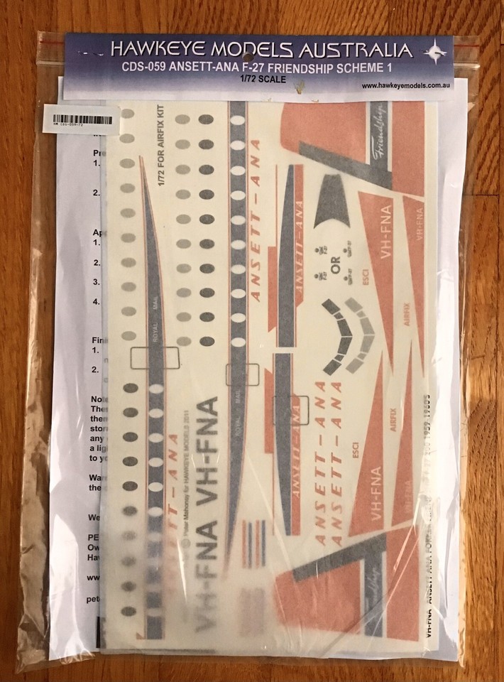 HAWKEYE MODELS AUS. DECALS 1/72 AIRFIX CDS-059 ANSETT-ANA F-27 FOKKER ...