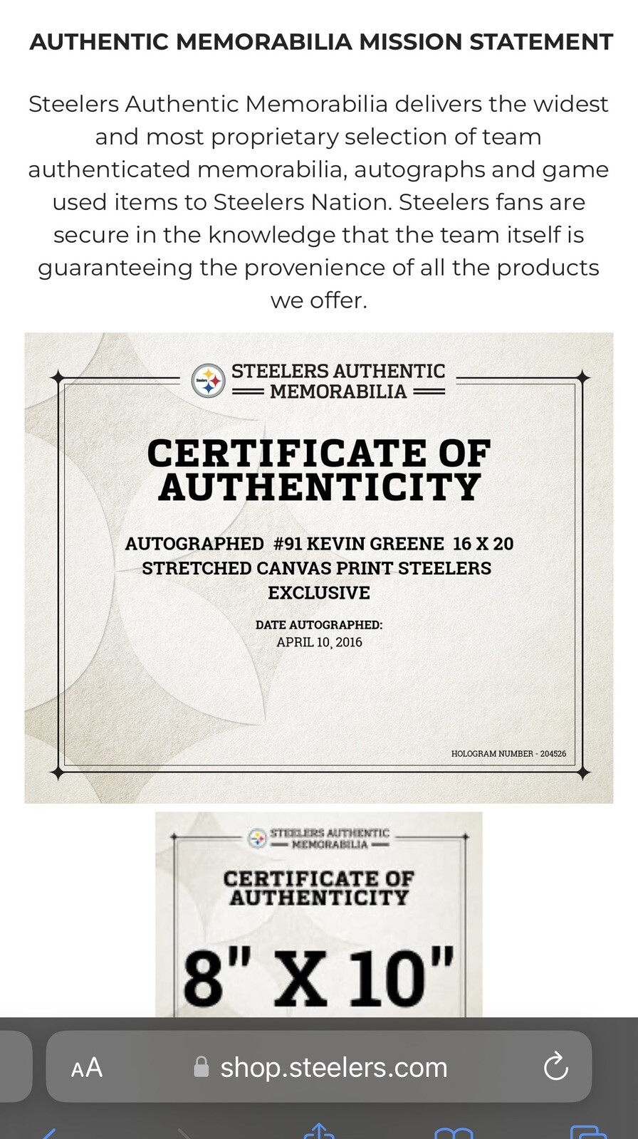 PITTSBURGH STEELERS COA KEVIN GREENE SIGNED AUTOGRAPHED AUTOGRAPH 16X20 ...