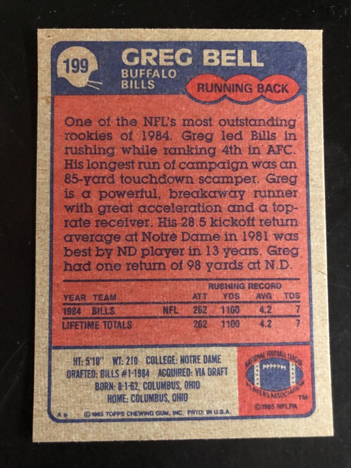 1985 Topps #199 Bills Greg Bell Football Card | eBay