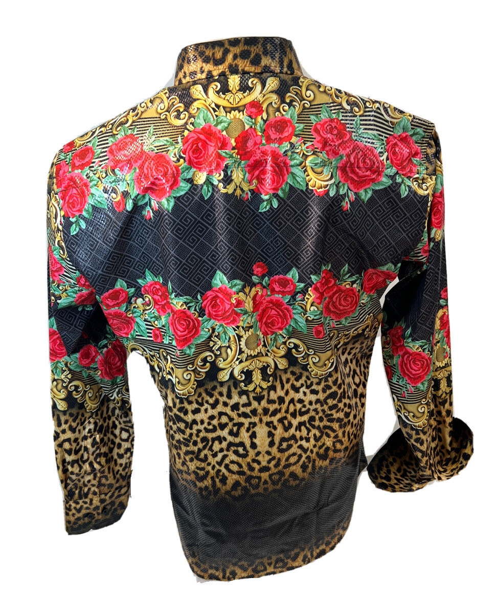 Button Down SHIRTS MEN BAROQUE LONG SLEEVE BLACK LEOPARD ROSES ...