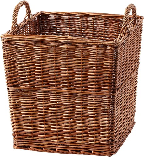 BH Deep Cube Natural Wicker Basket With Handles Home Storage Fireside ...