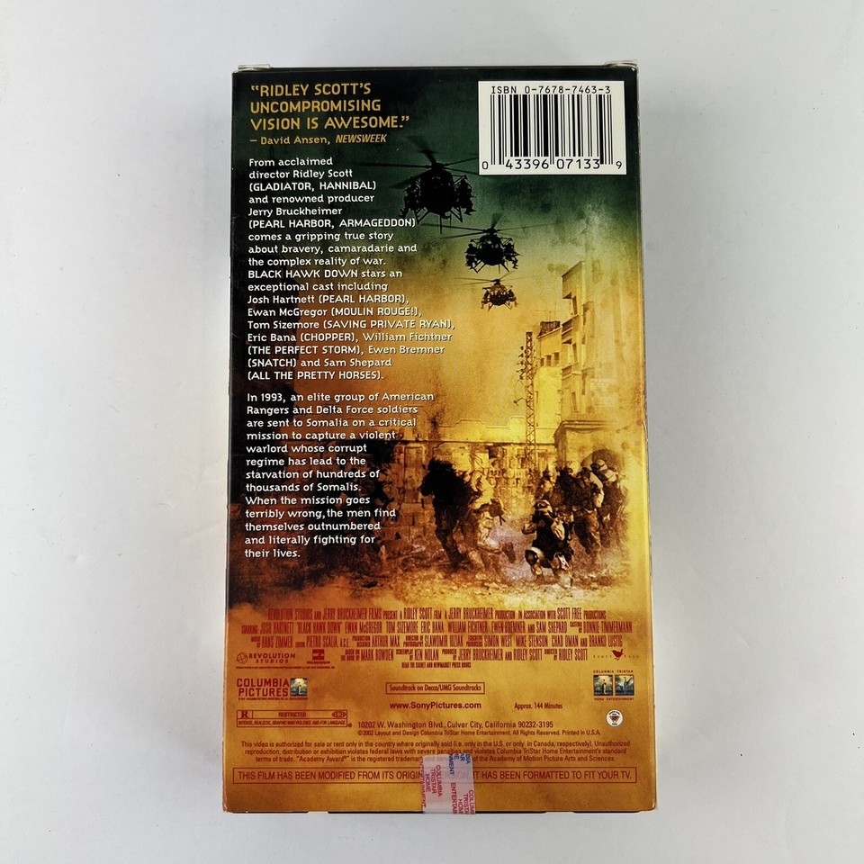 Black Hawk Down VHS 2002 Tom Sizemore Josh Hartnett Ewan McGregor NEW ...