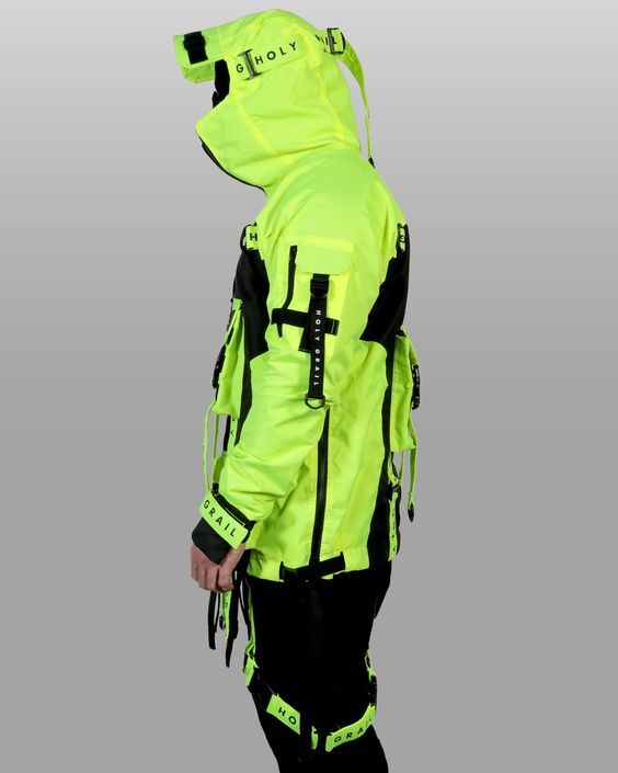 Men's Techwear Neon Green Jacket Hoodie Full Zip Buckle H G - A.N.R.X V ...