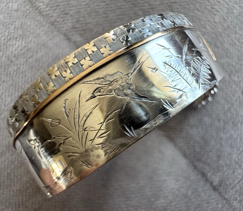 VICTORIAN STERLING SILVER&GOLD SWALLOW BIRD ENGRADE CUFF BANGLE CLAMPER ...