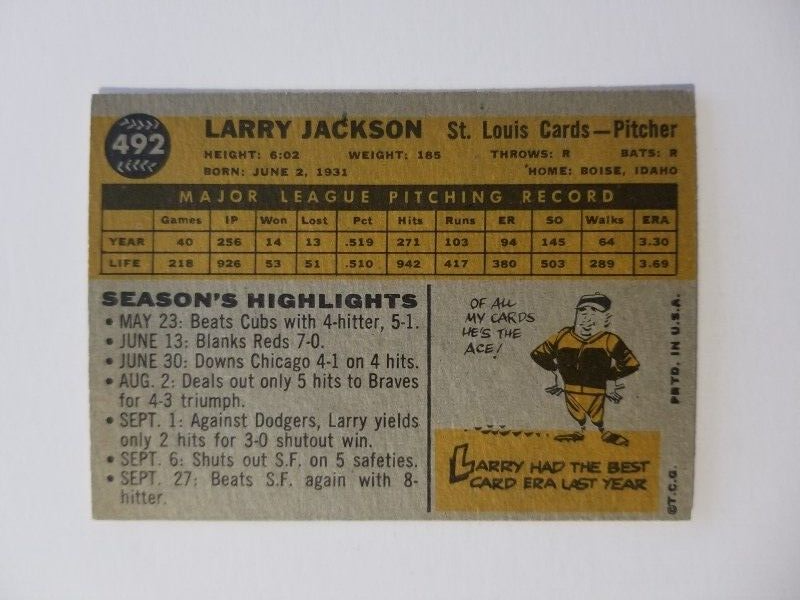 LARRY JACKSON 1960 TOPPS BASEBALL CARD #492 ST. LOUIS CARDINALS | eBay