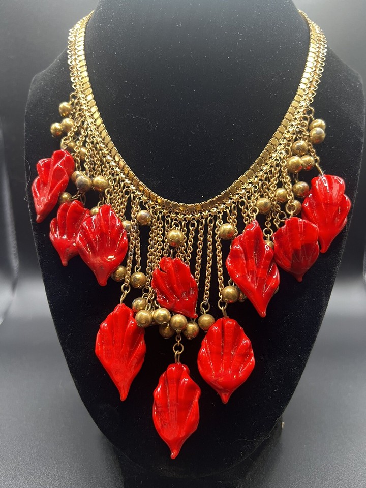 Vintage Early Miriam Haskell Red Glass Brass Mesh Bead Bib Necklace | eBay
