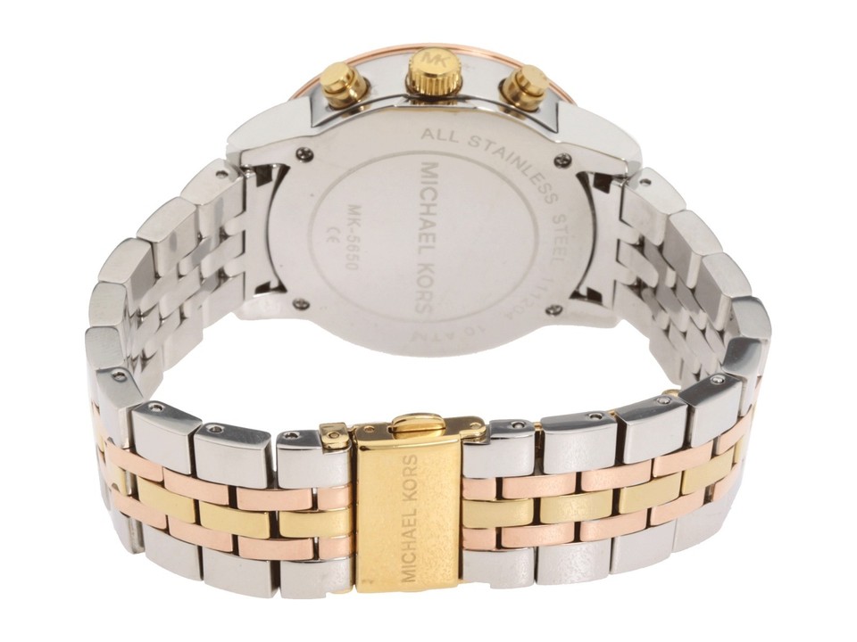 MICHAEL KORS RITZ SILVER, ROSE,GOLD TRI,3 TONE+CRYSTAL,MOP CHRONO WATCH ...