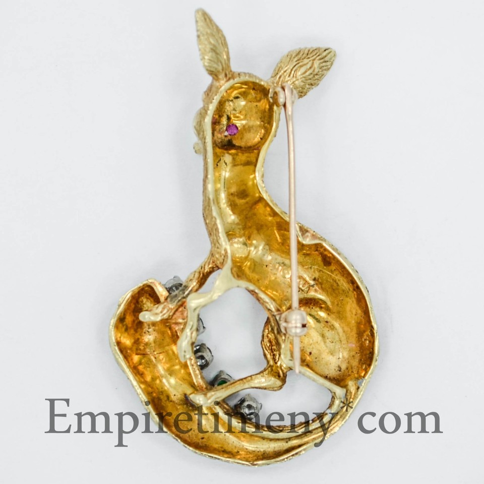 18K Yellow Gold Fox Brooch Pin w/ Diamonds & Green Emeralds | eBay
