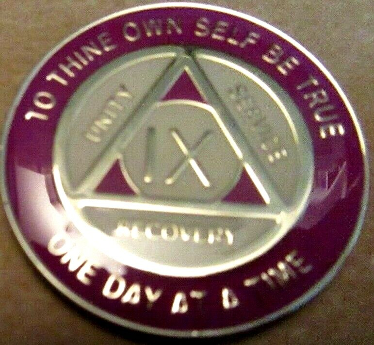 Glow Purple White Silver Alcoholics Anonymous 9 Year AA Medallion Sober ...
