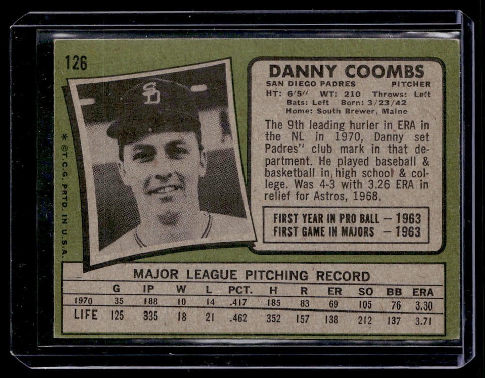 1971 Topps #126 Danny Coombs San Diego Padres VG-EX+ Baseball Card *B316 | eBay
