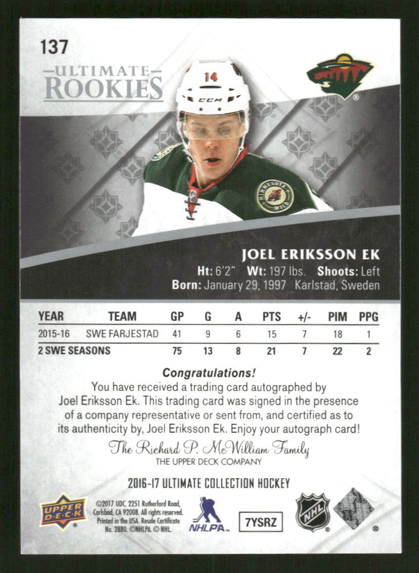 2016-17 Upper Deck Ultimate Collection Joel Eriksson Ek Auto #137 Card ...