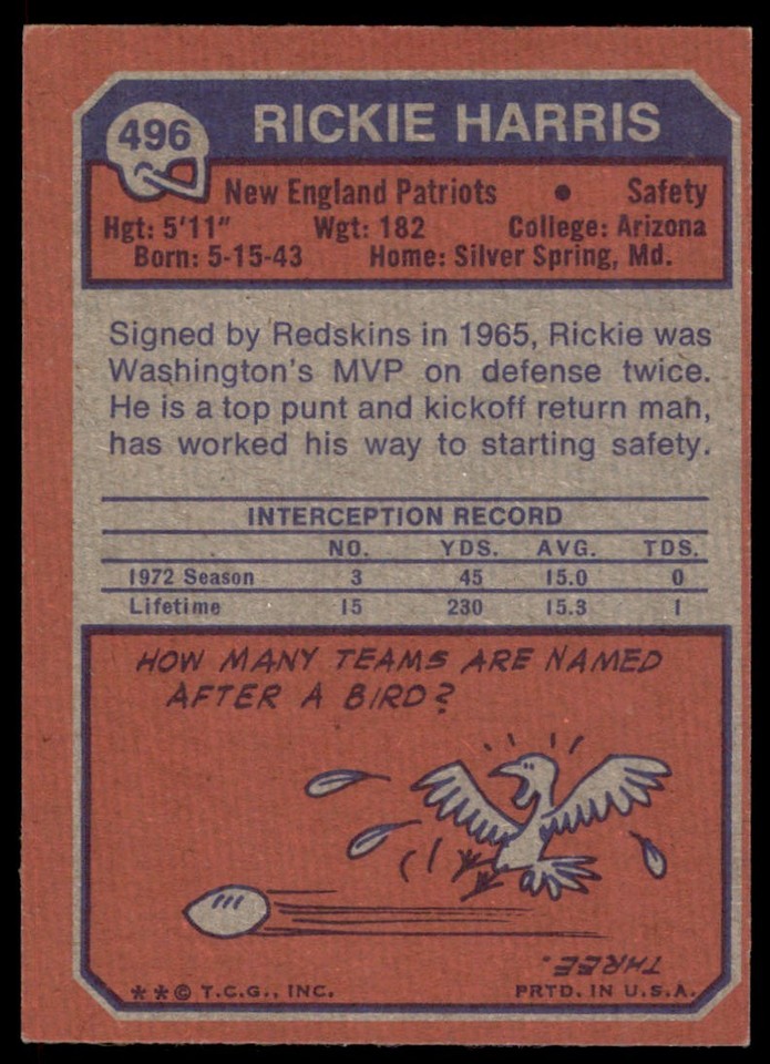 1973 TOPPS RICKIE HARRIS NEW ENGLAND PATRIOTS #496 EXMT-NM | eBay
