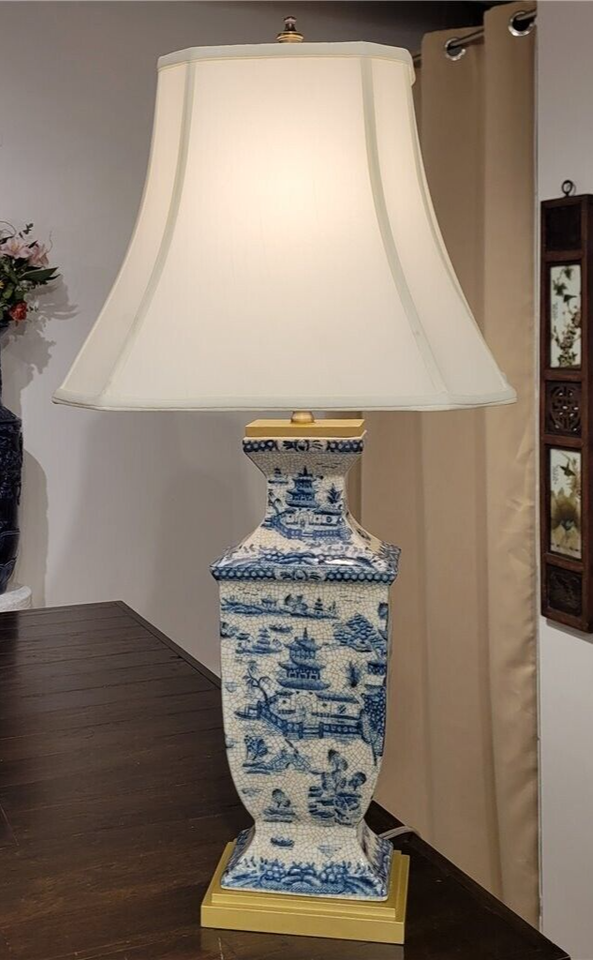 VINTAGE REPRODUCTION BLUE AND WHITE BLUE WILLOW PORCELAIN LAMP -33''H ...