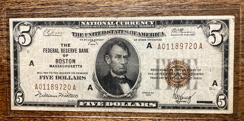 1929 5$ Federal Reserve Bank Note Of Boston Massachusetts Solid VF Note ...
