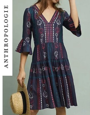 Anthropologie Akemi+kin Hailey Embroidered in Navy Blue Shift Dress ...