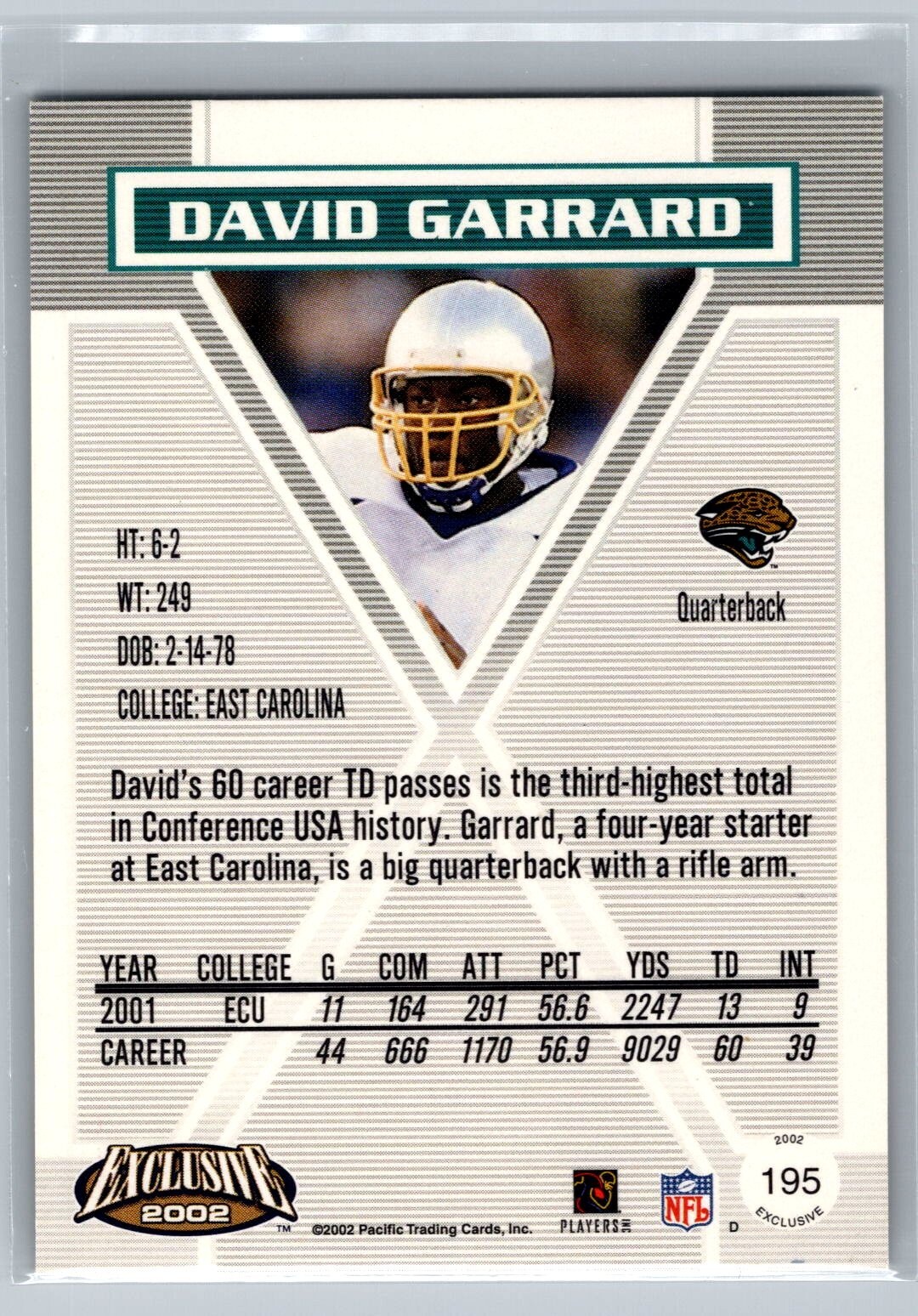 2002 Pacific Exclusive - #195 David Garrard /787 (AU, RC) for sale ...