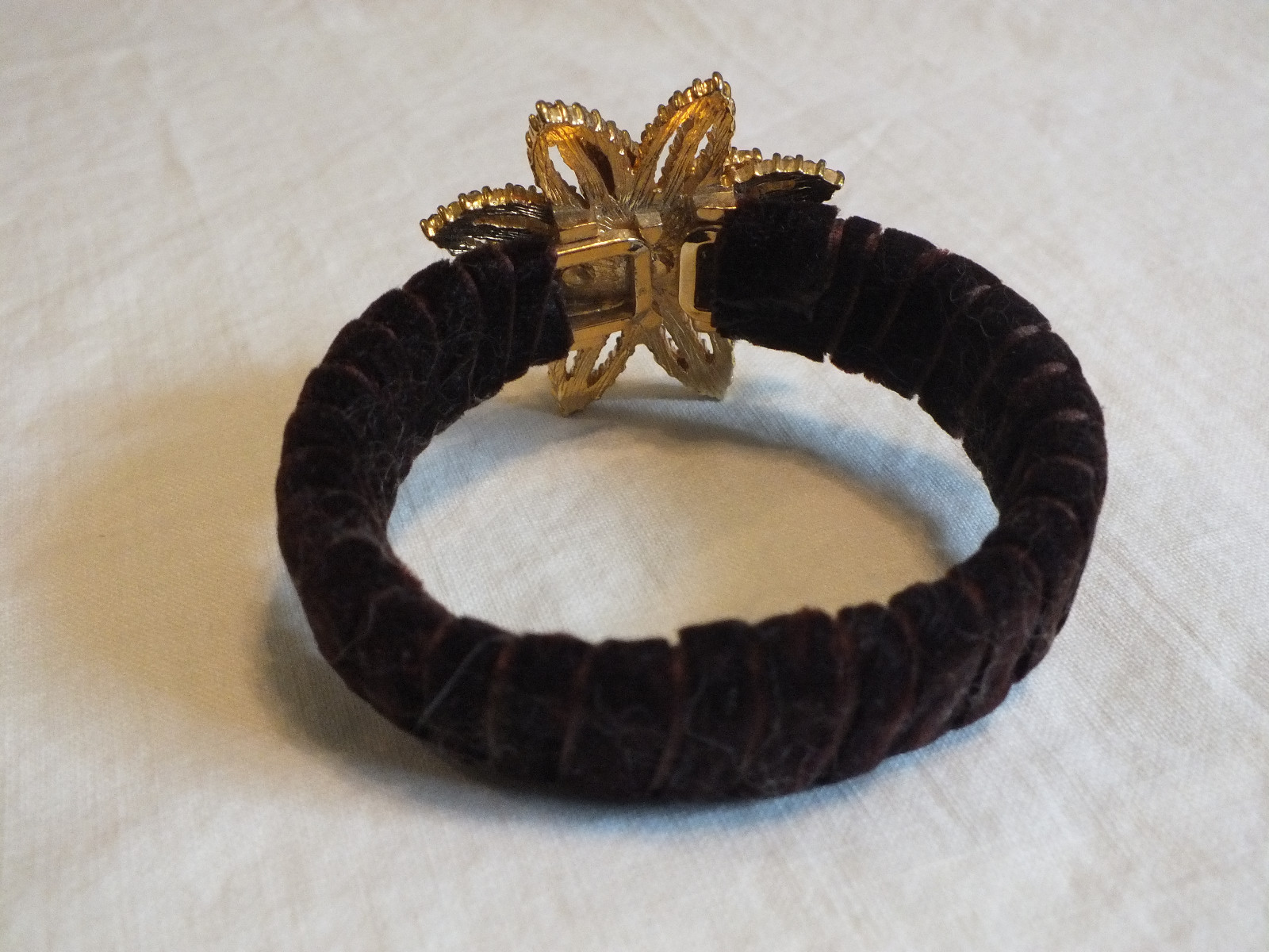 Beautiful Clamp Bracelet Gold Tone Flower Burgundy Velvet Rhinestones ...