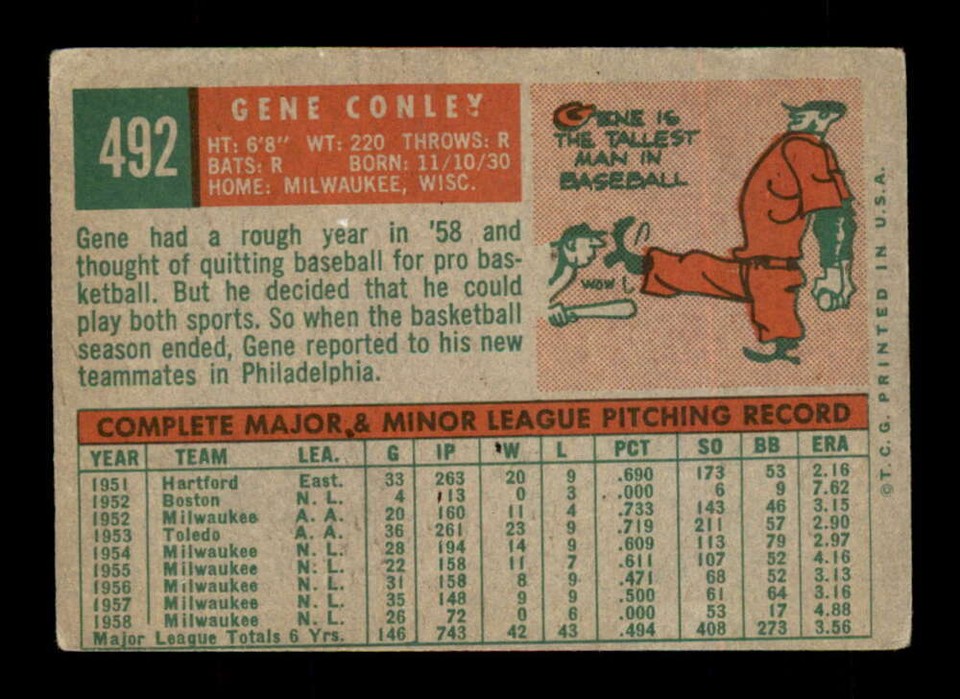 1959 Topps #492 Gene Conley VG/VGEX X2673835 | eBay