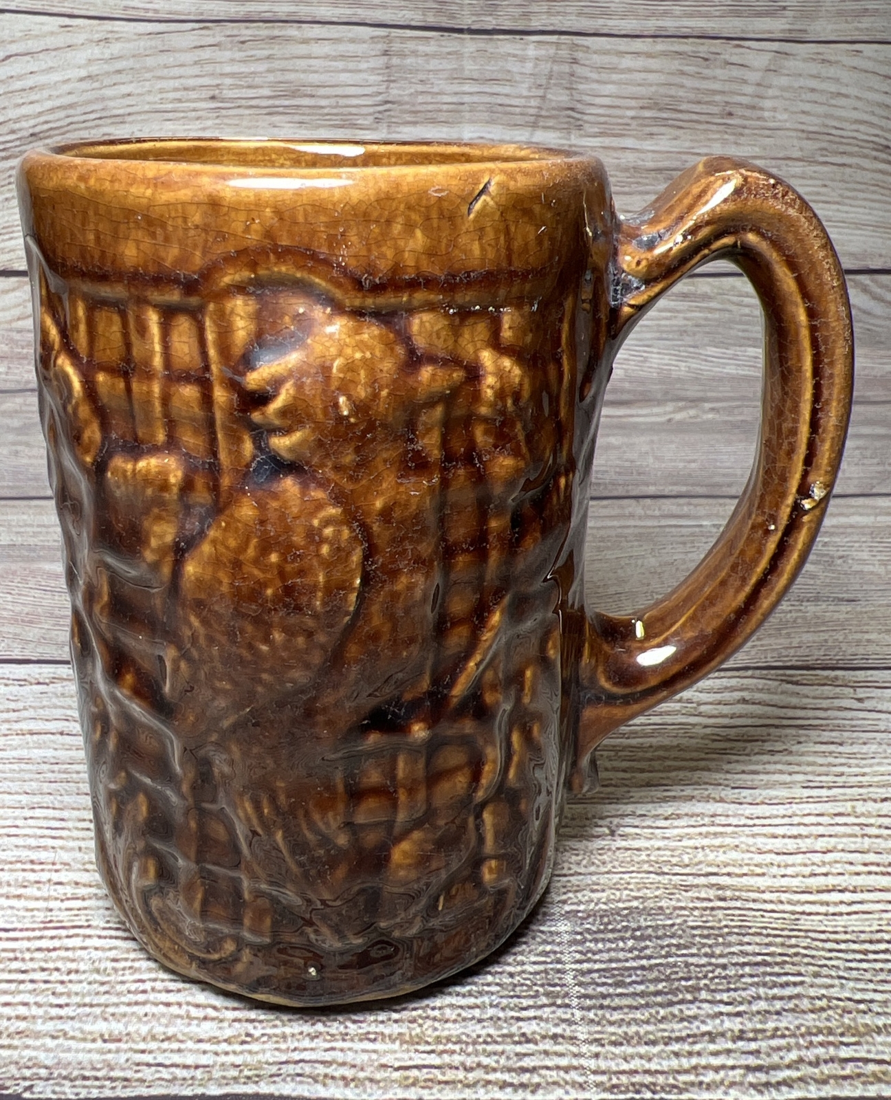 ROCKINGHAM BENNINGTON ANTIQUE POTTERY COFFEE BEER MUG CUP BROWN PARROT ...