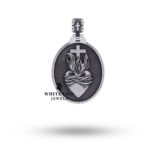 Sacred Heart Christian Amulet Religious Oval Pendant 925 Silver Gift ...