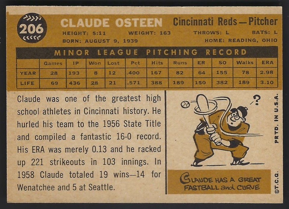 1960 Topps Claude Osteen /*- Cincinnati Reds #206 | eBay