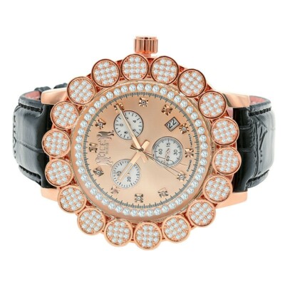 18K Rose Gold Finish Real Diamond Pave Flower Cluster Bezel Analog W ...