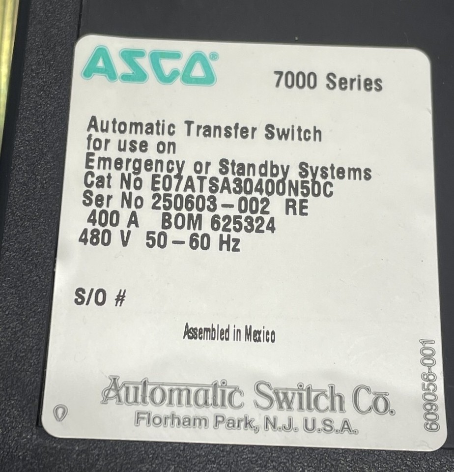 Asco Automatic Transfer Switch Series 7000 - Contactor only. 400 amp ...