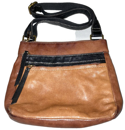 Fossil Explorer Purse Crossbody Front Zip Bag Brown Black Pebbled Adj ...