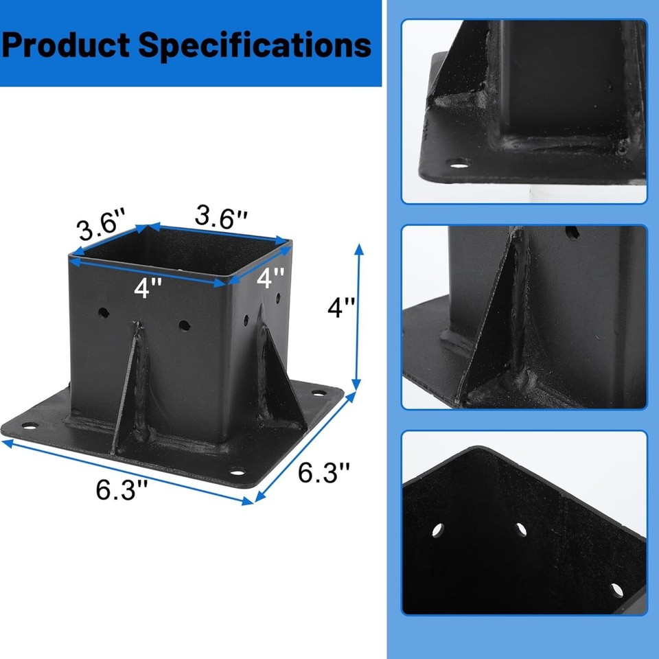 4Pack 4x 4" Post Base Brackets Wood Post Fence Post Anchor Inner Size 3 ...