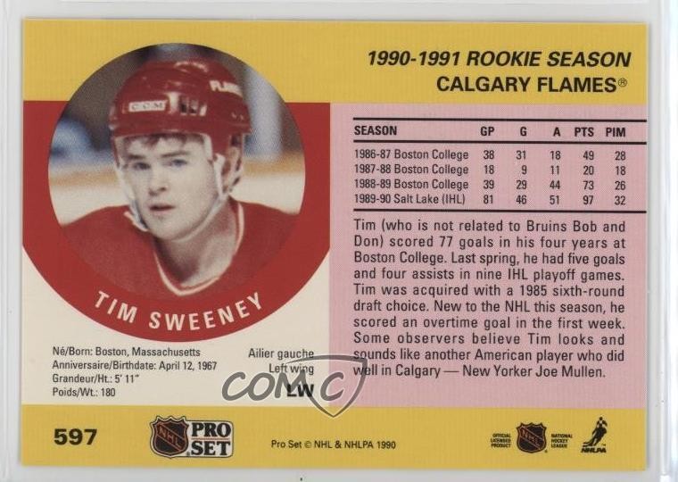 1990-91 Pro Set Tim Sweeney (Position on Front is LW) #597 Rookie RC | eBay