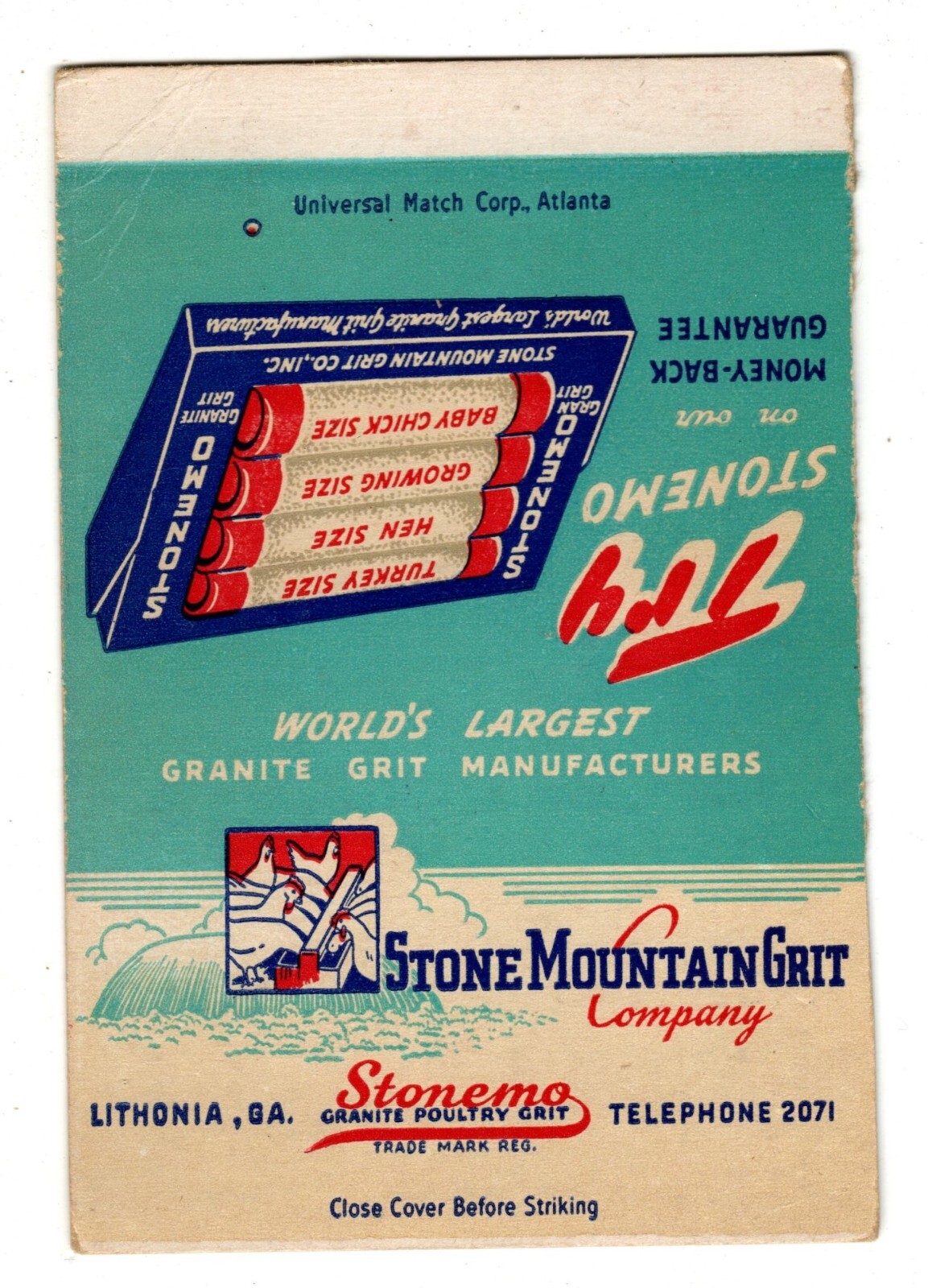 STONE MOUNTAIN GRIT COMPANY salesman sample matchcover - LITHONIA ...
